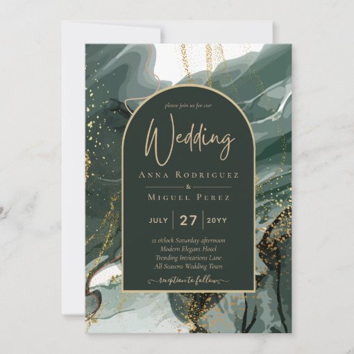 Modern Emerald Green Gold Agate Marble WEDDING Invitation | Zazzle