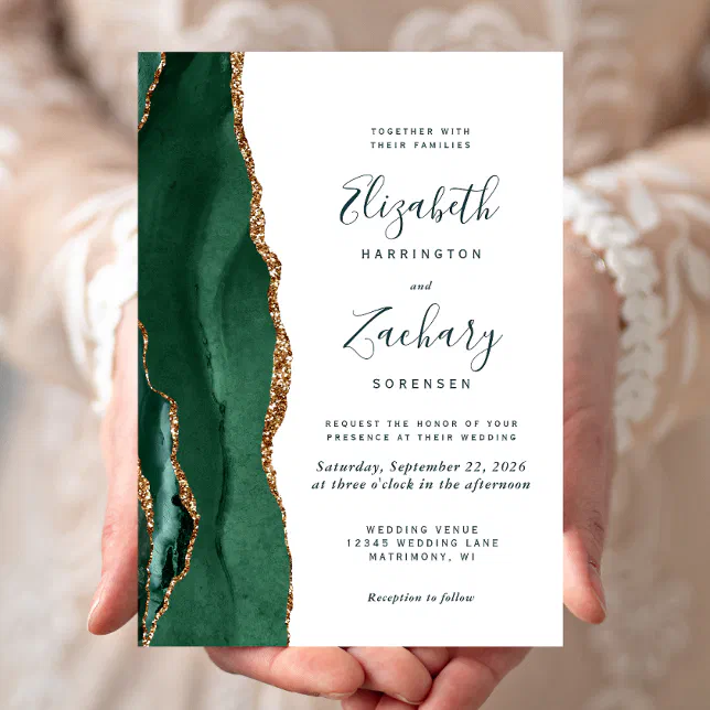 Modern Emerald Green Gold Agate Script Wedding Invitation | Zazzle