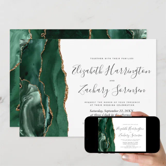 Modern Emerald Green Gold Agate Wedding Invitation | Zazzle