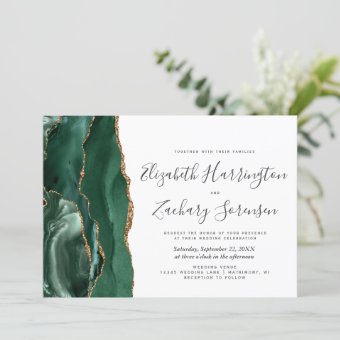 Modern Emerald Green Gold Agate Wedding Invitation | Zazzle