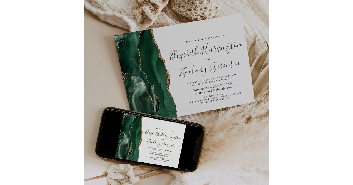 Modern Emerald Green Gold Agate Wedding Invitation | Zazzle