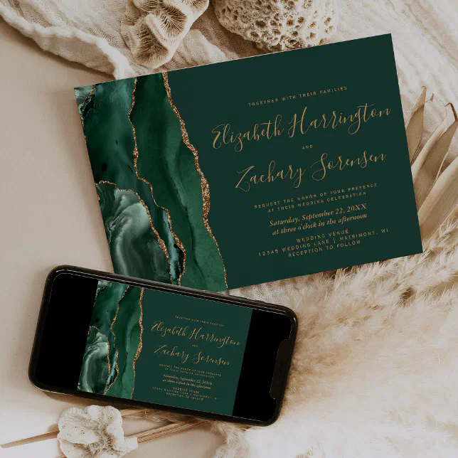 Modern Emerald Green Gold Agate Wedding Invitation | Zazzle