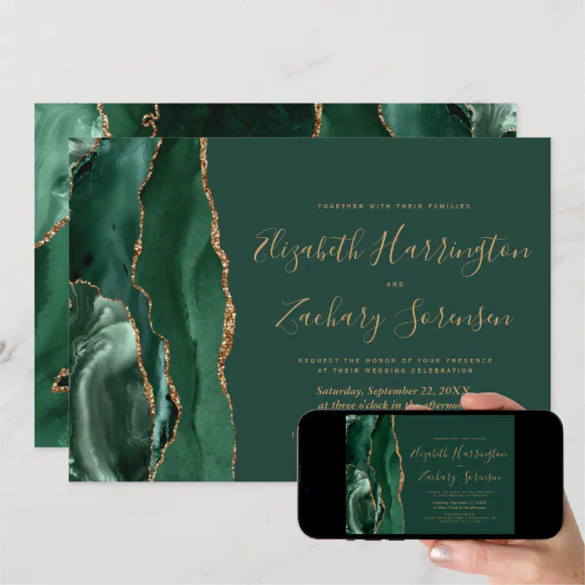 Modern Emerald Green Gold Agate Wedding Invitation | Zazzle