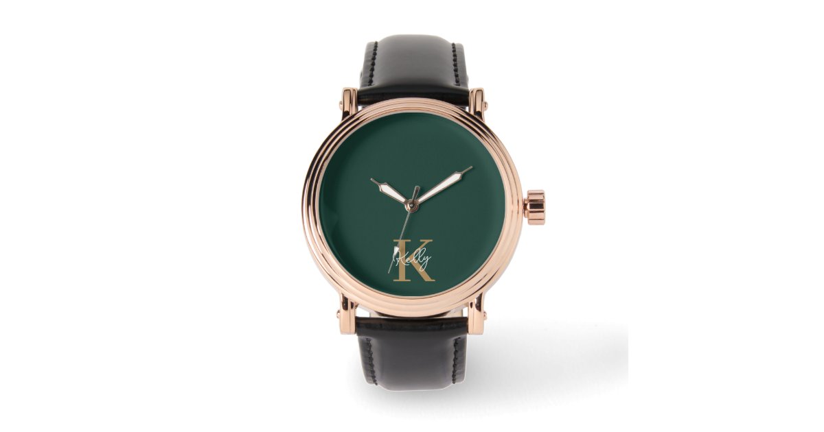 Modern Emerald Green Gold Monogram Script Watch | Zazzle