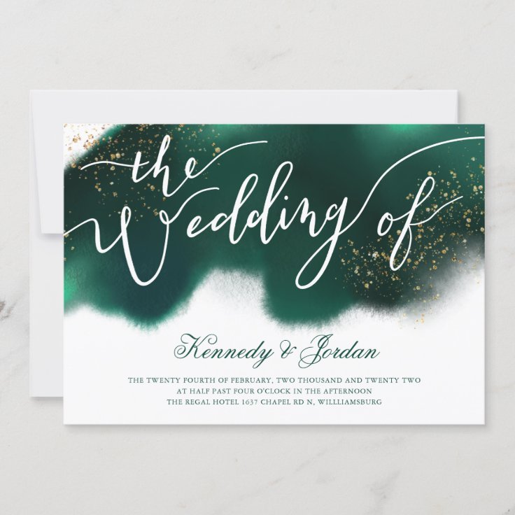 Modern Emerald Green Gold Script Wedding Invitation | Zazzle