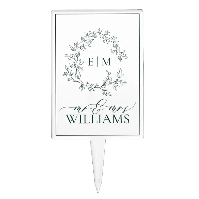 Modern Emerald Green Leafy Crest Monogram Wedding Cake Topper | Zazzle