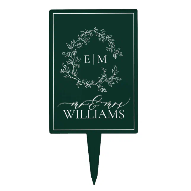 Modern Emerald Green Leafy Crest Monogram Wedding Cake Topper | Zazzle