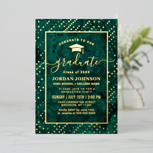 Modern Emerald Green Marble Graduation Party Gold Foil Invitation | Zazzle