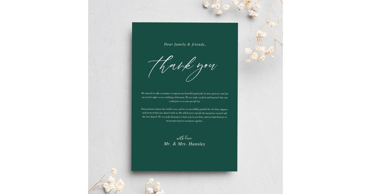 Modern Emerald Green Minimal Calligraphy Wedding Thank You Card | Zazzle