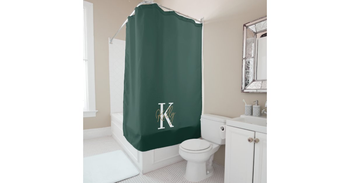 Modern Emerald Green Monogram Script Shower Curtain | Zazzle