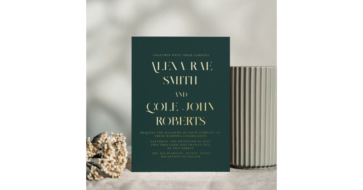 Modern Emerald Hunter Green Chic Wedding Gold Foil Invitation | Zazzle