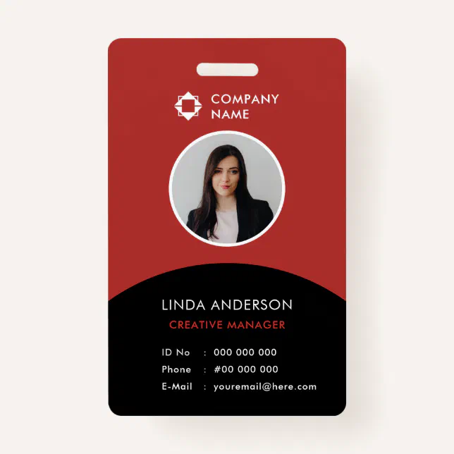 Modern Employee Photo ID Company Logo Black Red Badge | Zazzle