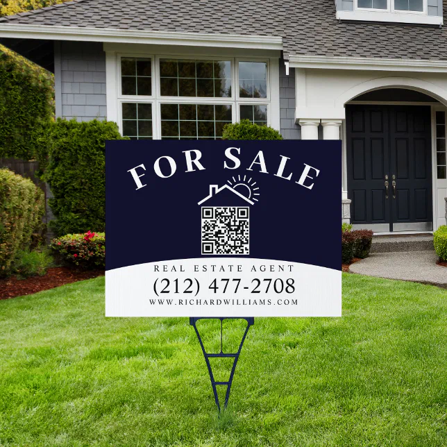 Modern Estate Agent For Sale QR Code Blue-White Sign | Zazzle
