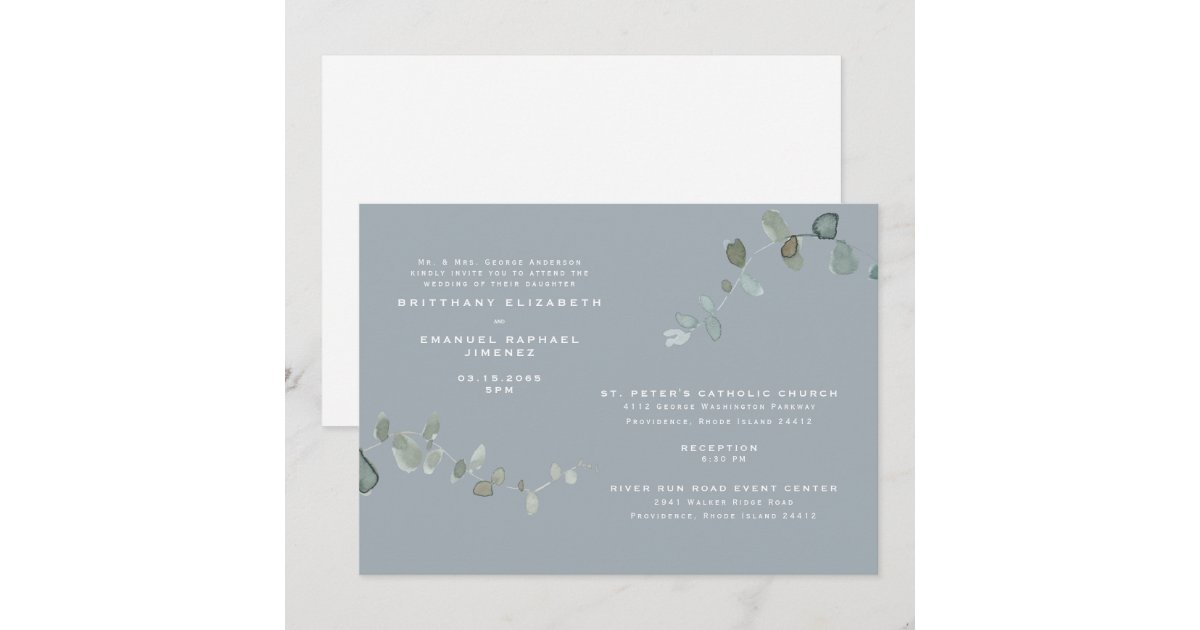 Modern Eucalyptus Dusty Blue Two Venues Wedding Invitation | Zazzle