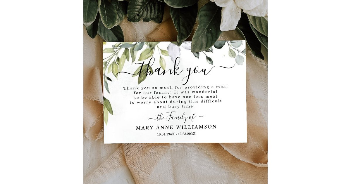 Modern Eucalyptus Funeral Food Thank You Card | Zazzle