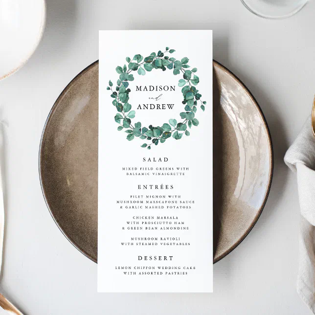 Modern Eucalyptus Greenery Wedding Menu Card | Zazzle