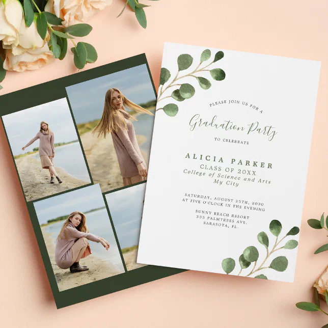 Modern eucalyptus multi photo graduation party invitation | Zazzle