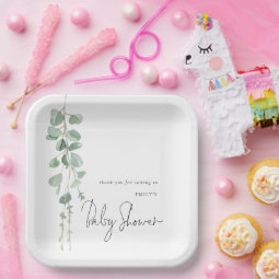 Modern Eucalyptus Name Baby Shower Paper Plates | Zazzle