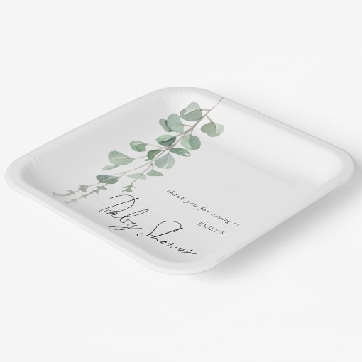Modern Eucalyptus Name Baby Shower Paper Plates | Zazzle