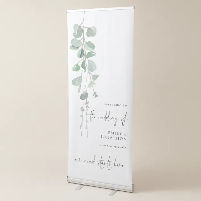 Modern Eucalyptus Names Date Welcome To Wedding Retractable Banner | Zazzle