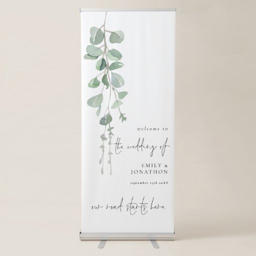 Modern Eucalyptus Names Date Welcome To Wedding Retractable Banner | Zazzle