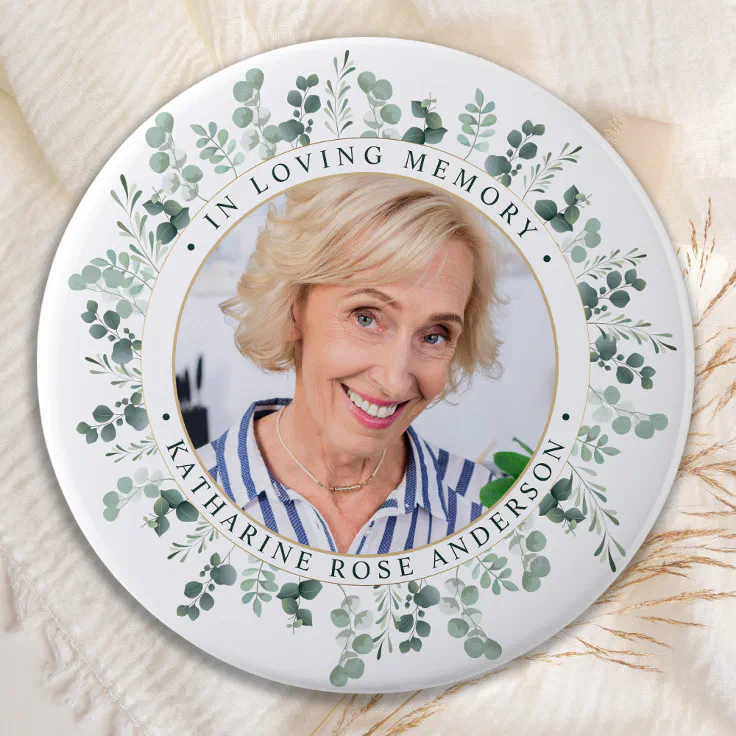 Modern Eucalyptus Personalized Photo Memorial Button | Zazzle