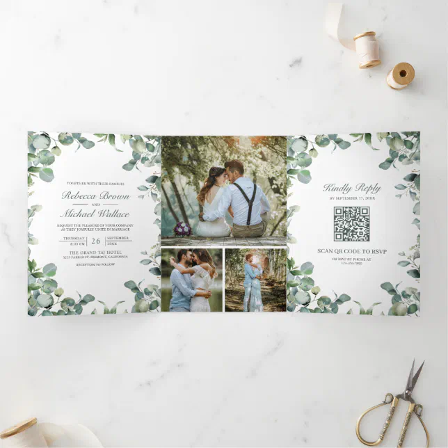 Modern Eucalyptus Photo Collage QR Code Wedding Tri-Fold Invitation ...