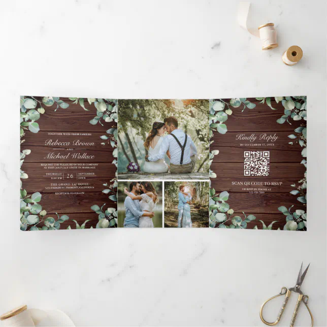 Modern Eucalyptus QR Code Rustic Wood Wedding Tri-Fold Invitation | Zazzle