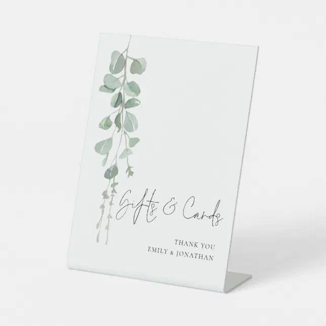 Modern Eucalyptus Script Gifts Cards Wedding Pedestal Sign | Zazzle