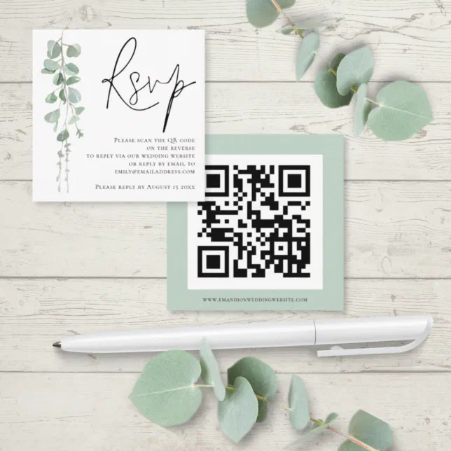 Modern Eucalyptus Script QR Code Wedding RSVP Enclosure Card | Zazzle