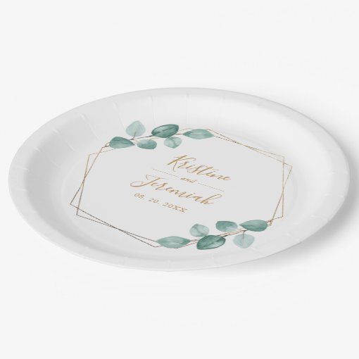 Modern Eucalyptus Watercolor Gold Script Wedding Paper Plates | Zazzle