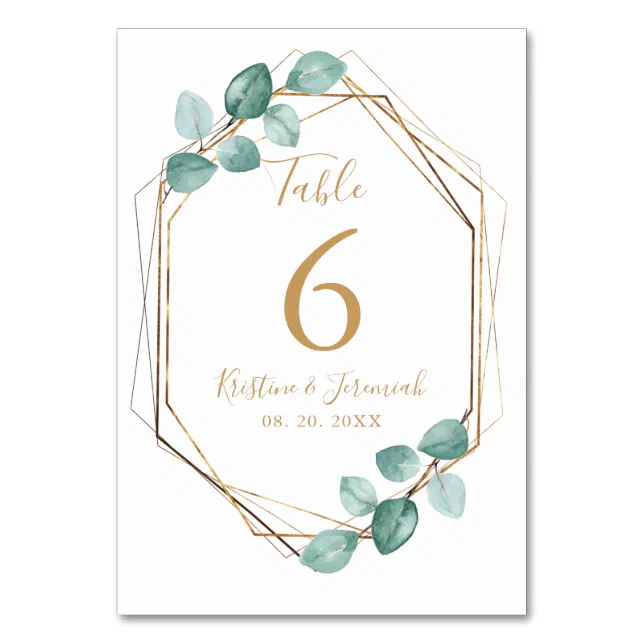 Modern Eucalyptus Watercolor Gold Script Wedding Table Number | Zazzle