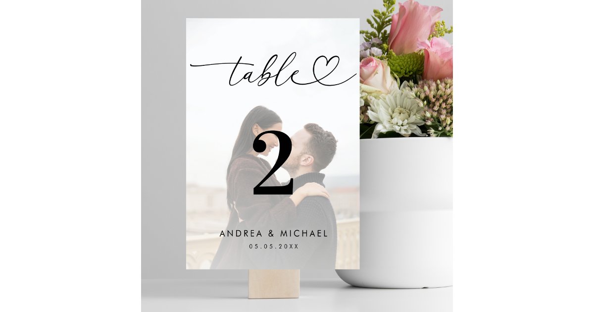 Modern Faded Photo Elegant Heart Script Wedding Table Number | Zazzle