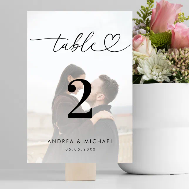 Modern Faded Photo Elegant Heart Script Wedding Table Number | Zazzle