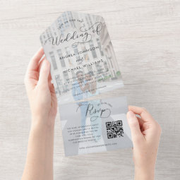 Modern Faded Photo & Script QR Code Photo Wedding All In One Invitation ...