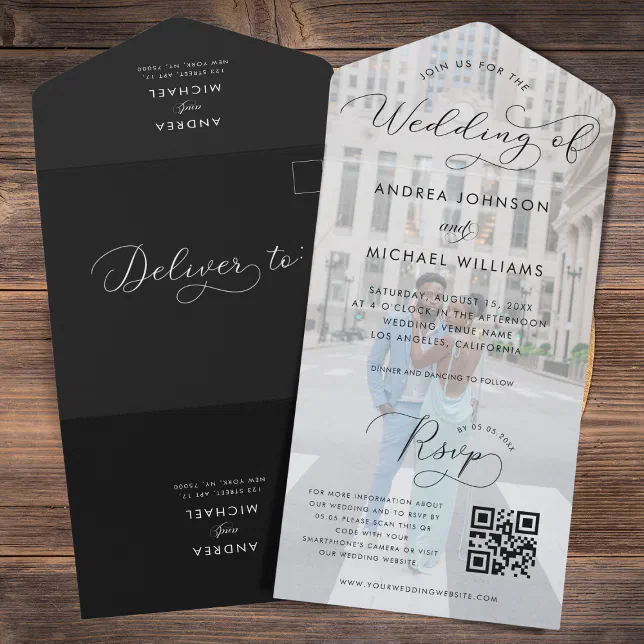 Modern Faded Photo & Script QR Code Photo Wedding All In One Invitation ...