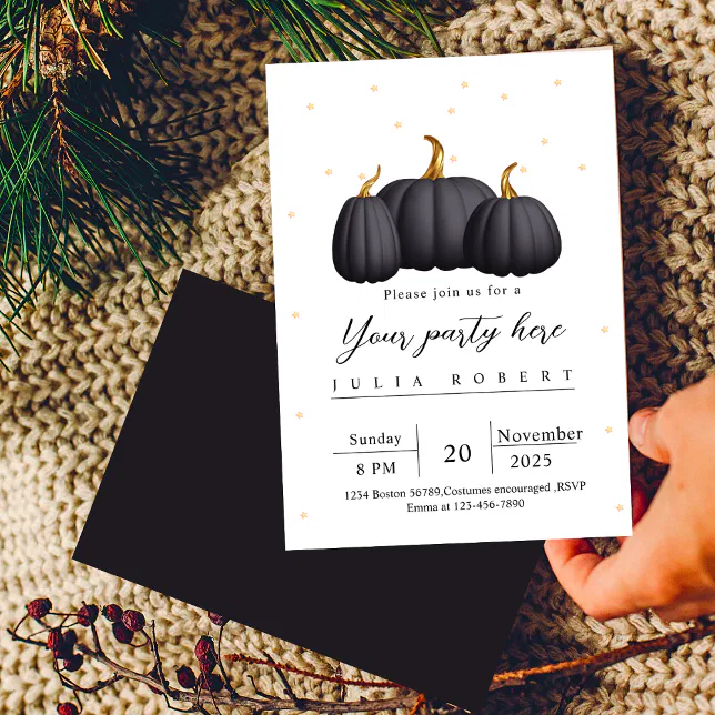 modern fall autumn golden Black pumpkin White Invitation | Zazzle