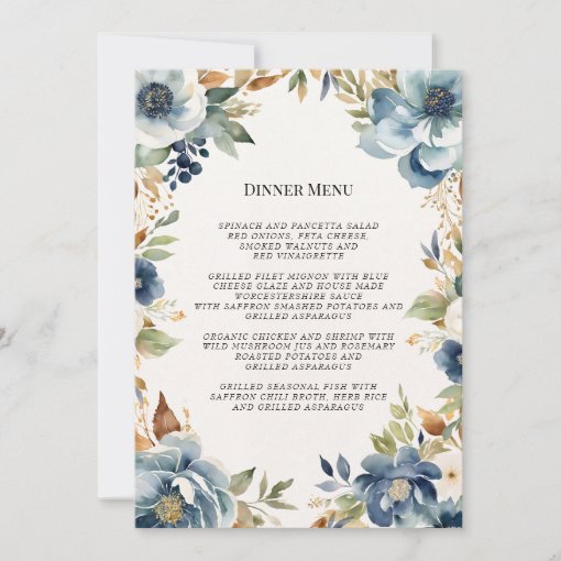 Modern Fall Floral Navy Dusty Blue Wedding Menu Invitation | Zazzle