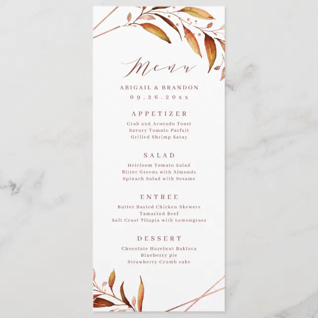 Modern Fall Greenery Geometric Rustic Wedding Menu | Zazzle