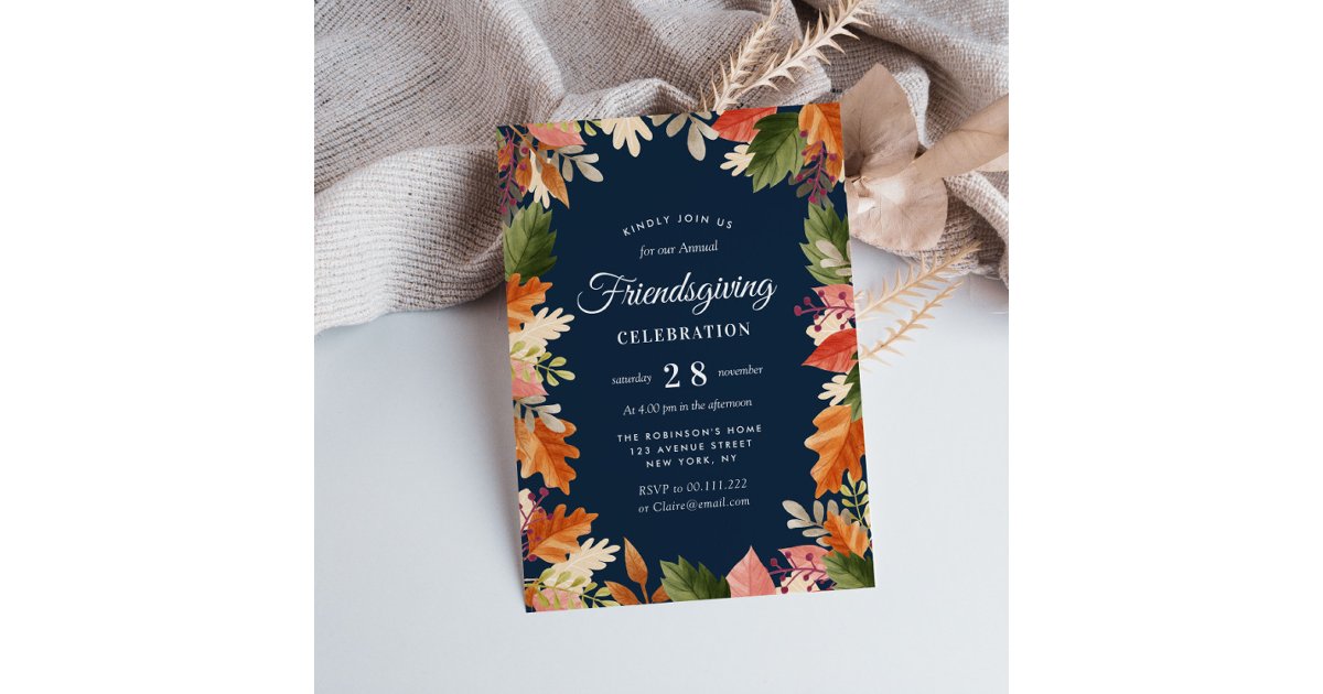 Modern fall leaves navy friendsgiving celebration invitation | Zazzle