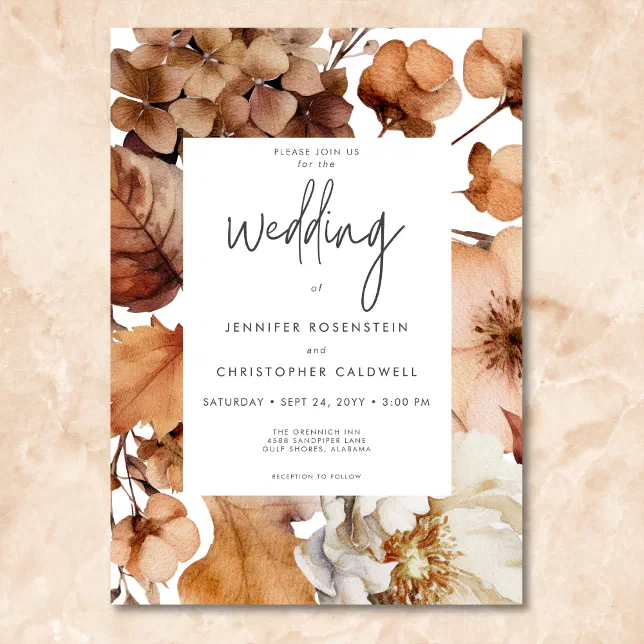 Modern Fall Neutral Floral Frame Wedding Invitation | Zazzle
