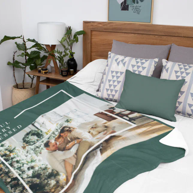 Modern Family Photo | Joyful Merry Blessed | Green Sherpa Blanket | Zazzle