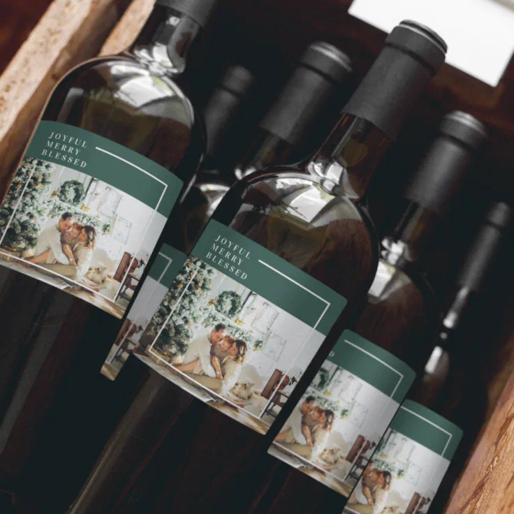 Modern Family Photo | Joyful Merry Blessed | Green Wine Label | Zazzle