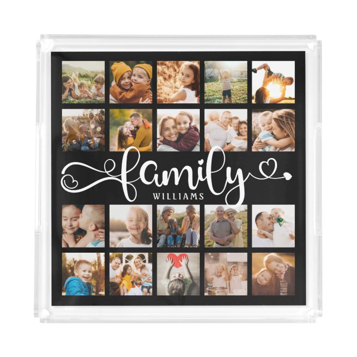 Modern Family Script 20 Photo Collage Chic Black Acrylic Tray | Zazzle