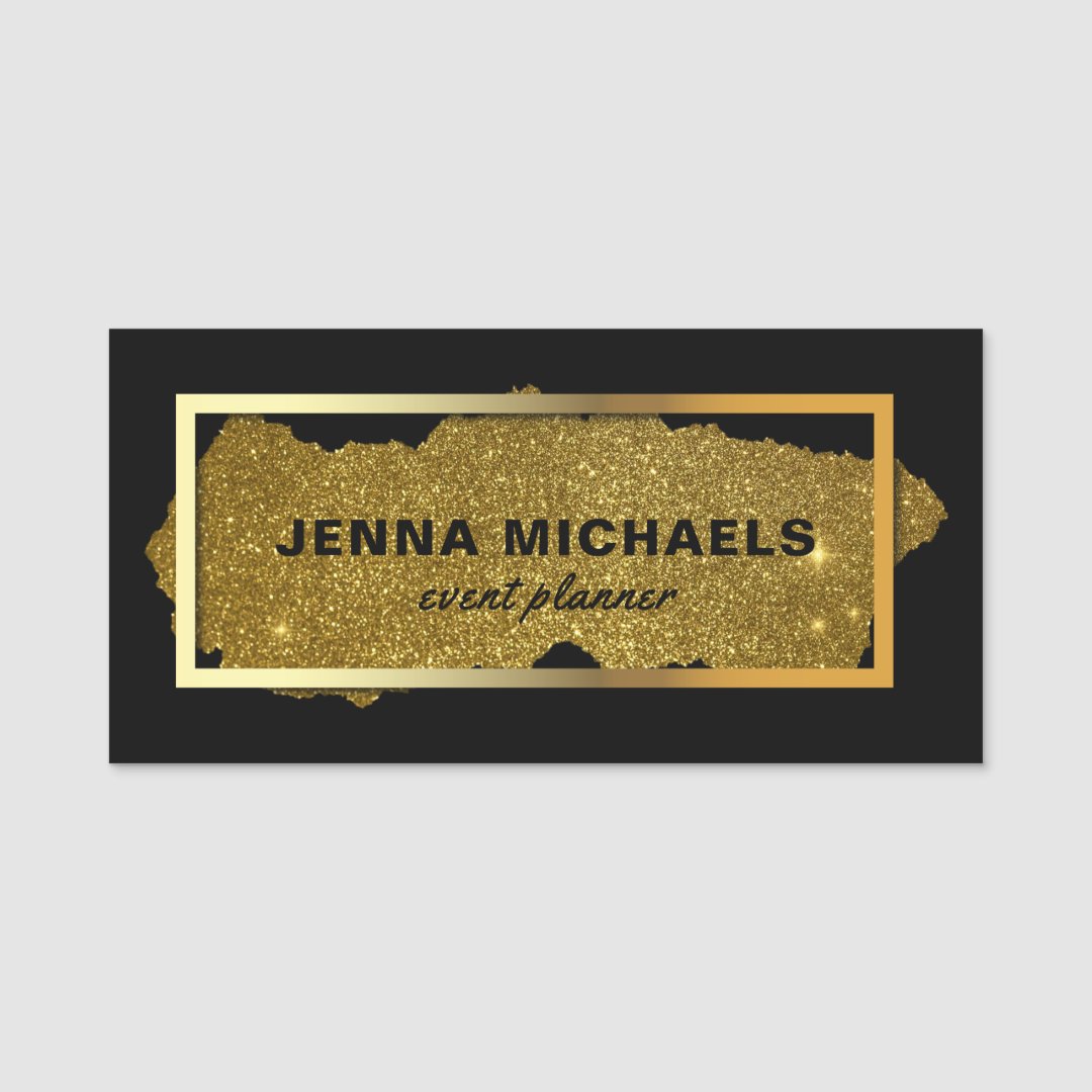 Modern Fancy Sparkly Gold Glitter Rectangle Frame Name Tag | Zazzle
