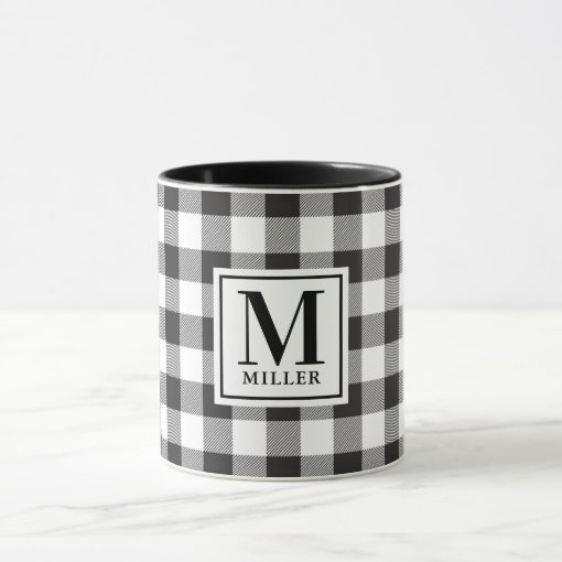 Modern Farmhouse Black Buffalo Check Monogrammed Mug | Zazzle