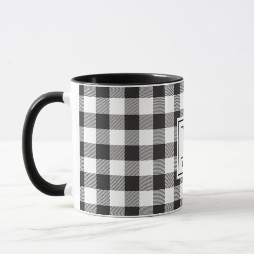 Modern Farmhouse Black Buffalo Check Monogrammed Mug | Zazzle