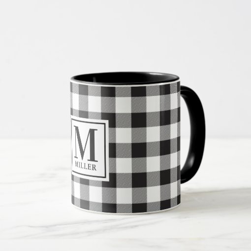 Modern Farmhouse Black Buffalo Check Monogrammed Mug | Zazzle