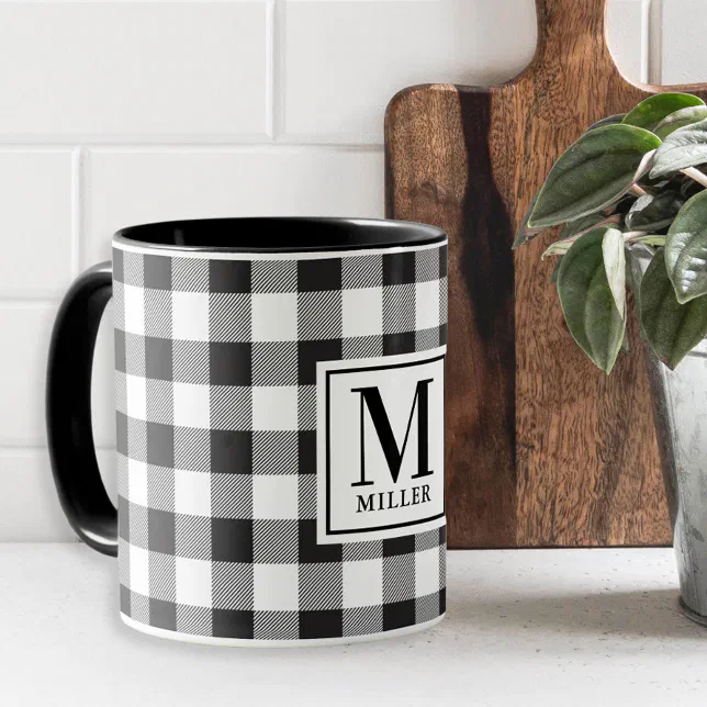 Modern Farmhouse Black Buffalo Check Monogrammed Mug | Zazzle