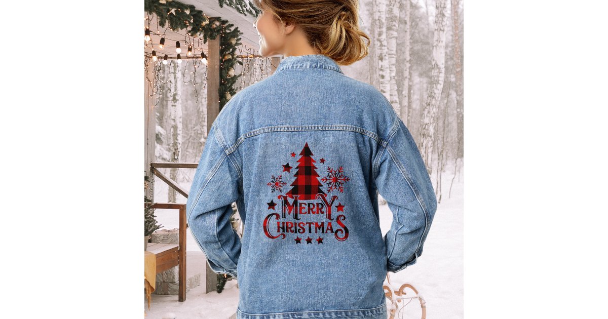 Modern Farmhouse Buffalo Plaid Merry Christmas Denim Jacket | Zazzle